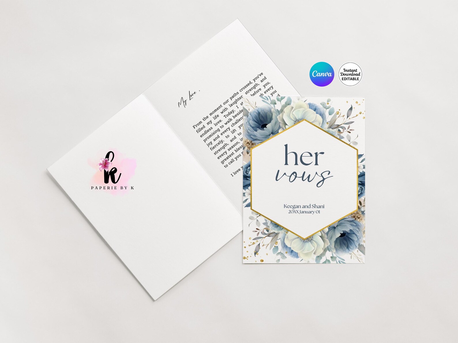 Editable Dusty Blue Wedding Vows Cards Template, Editable Wedding Vows ...