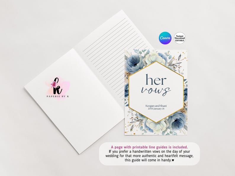 Editable Dusty Blue Wedding Vows Cards Template, Editable Wedding Vows ...