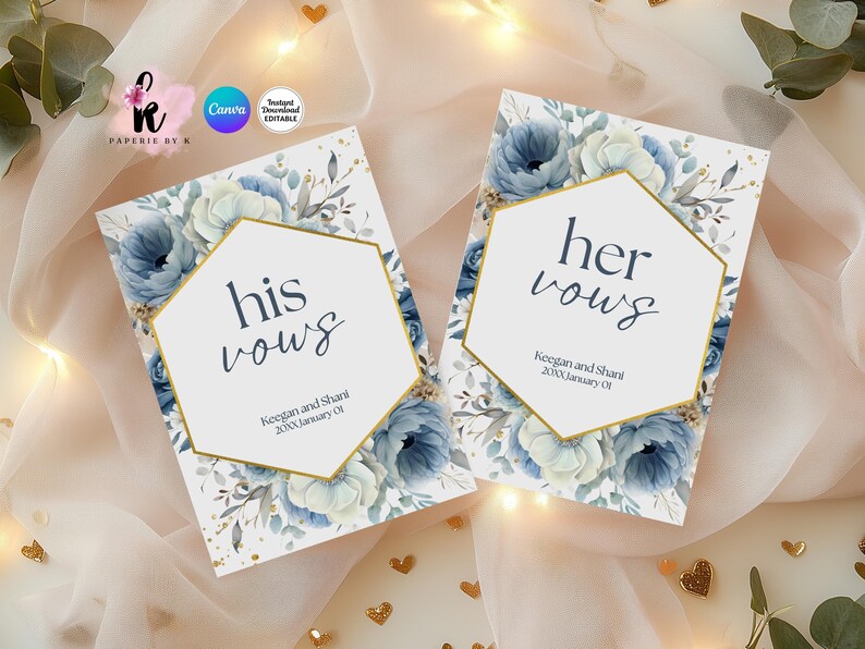 Editable Dusty Blue Wedding Vows Cards Template, Editable Wedding Vows ...