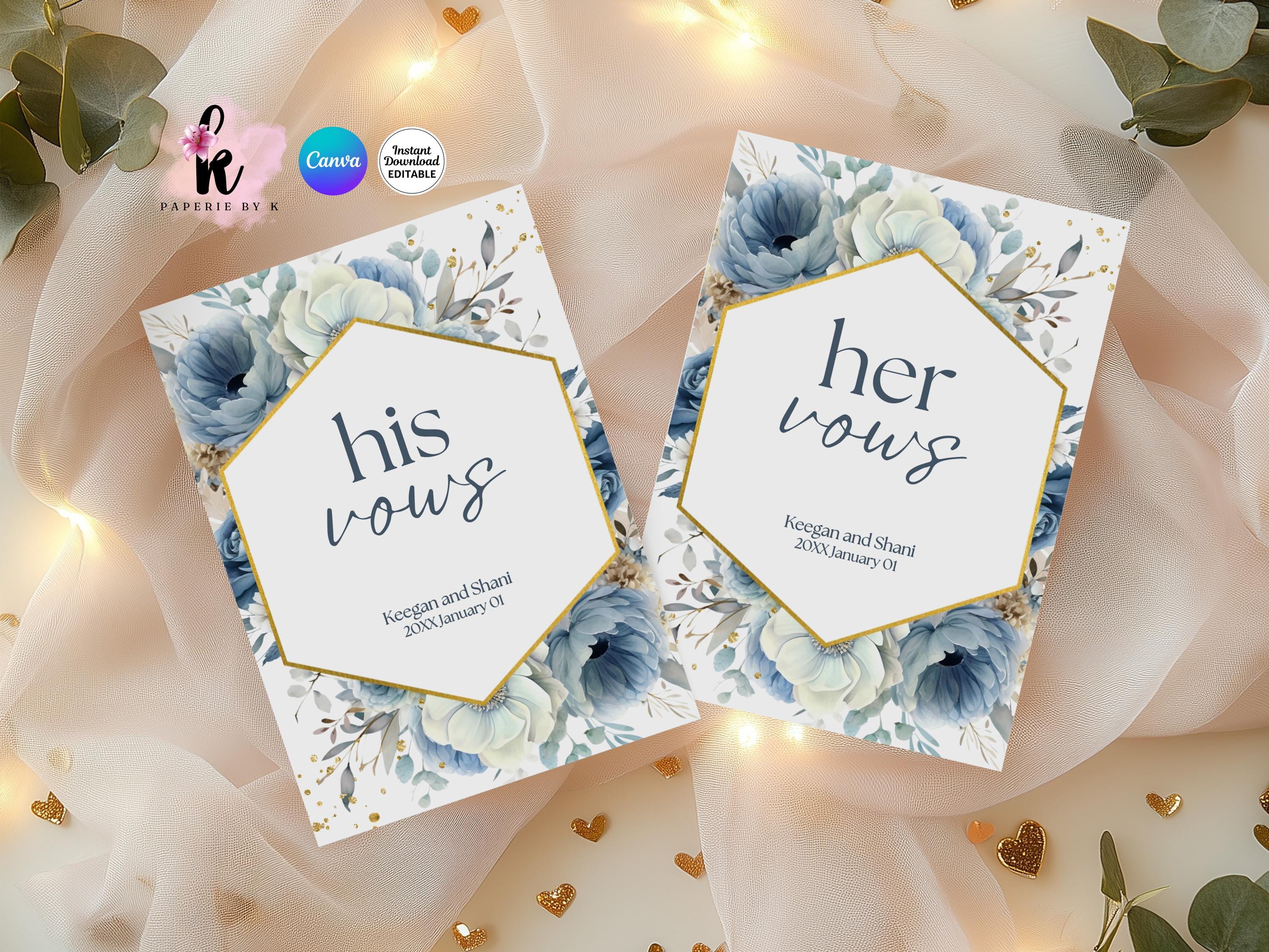 Editable Dusty Blue Wedding Vows Cards Template, Editable Wedding Vows ...