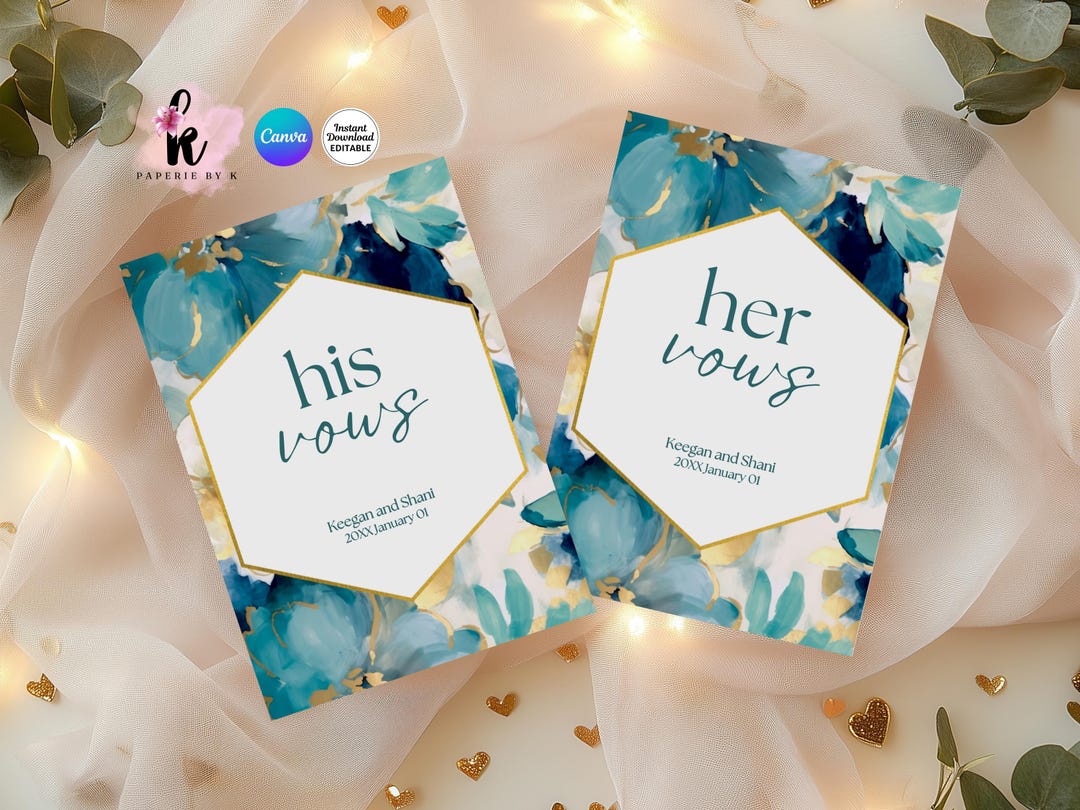 Editable Teal Blue Wedding Vows Cards Template, Editable Wedding Vows ...