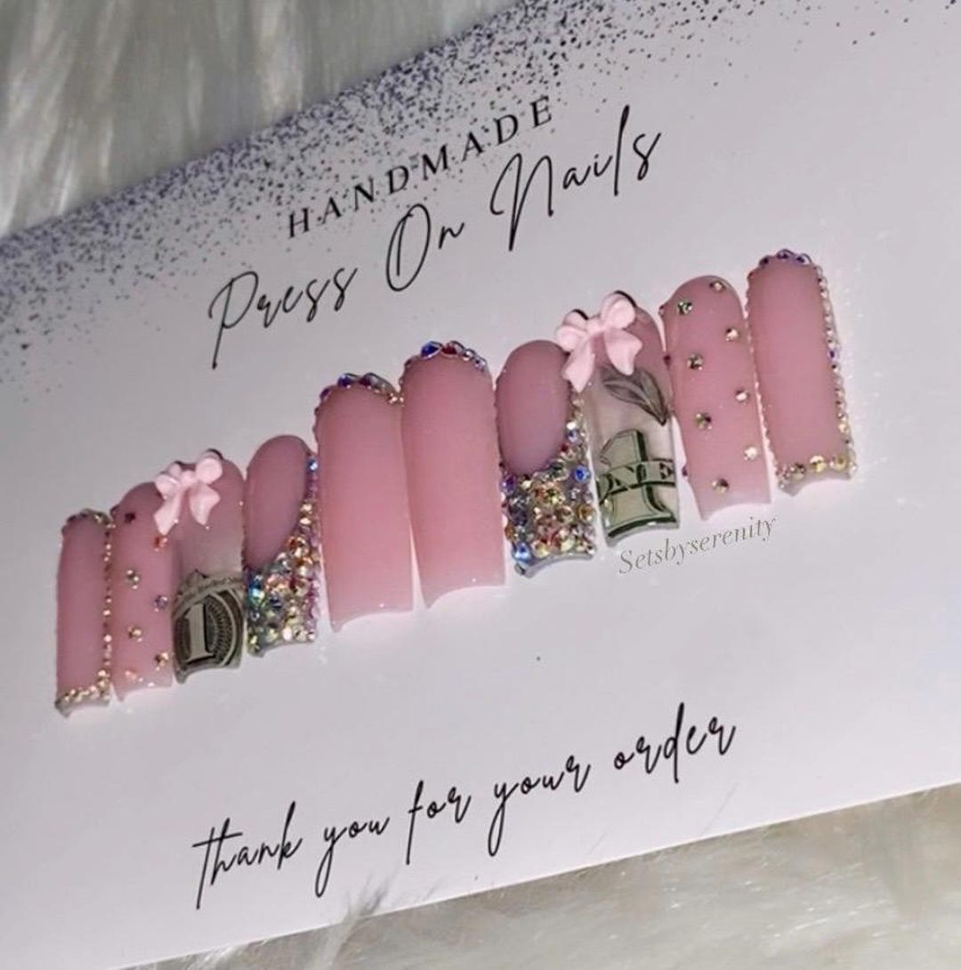 Bling Money Piece Set W Pink Bows Acrylic Press on Nails - Etsy