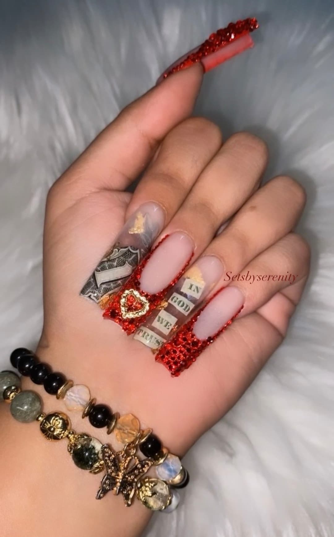 Money Nails Red French Tip Bling Rhinestones W Gold Foil & Gold Heart ...