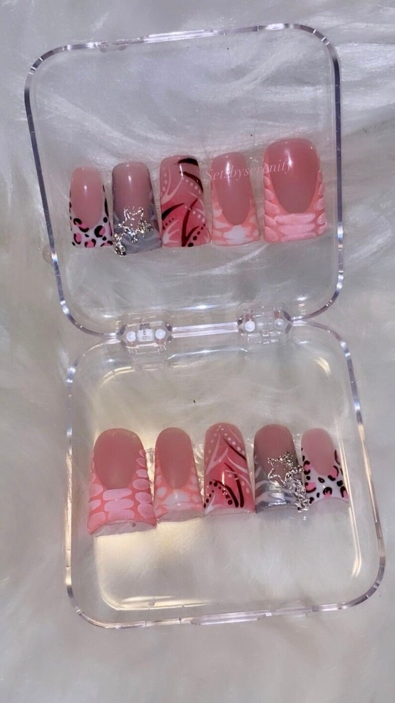 Pink Prints French Tips Y2K & Silver Duck Nails Acrylic Press on Nails ...