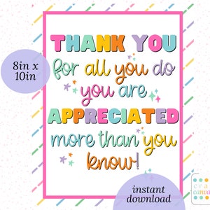 Colorful Teacher Appreciation 8x10 Printable Sign, PTO PTA Instant ...