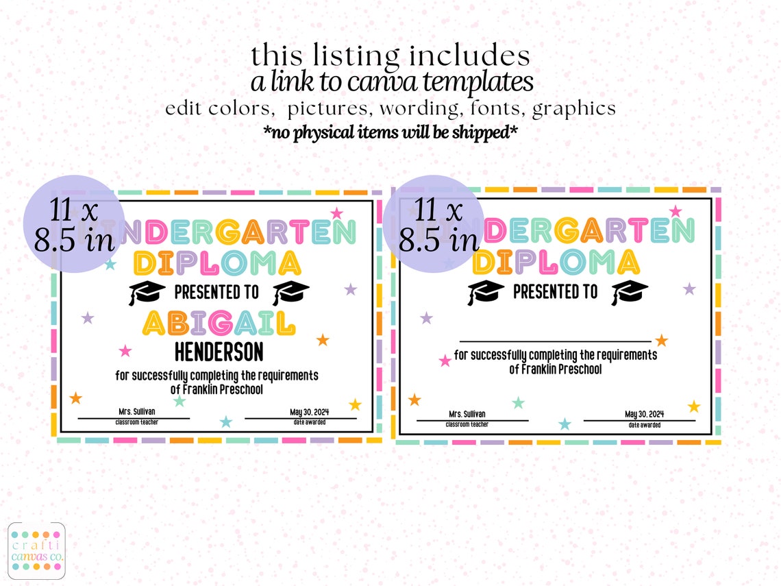 Kindergarten DIY Diploma Editable Canva Template, Customizable ...