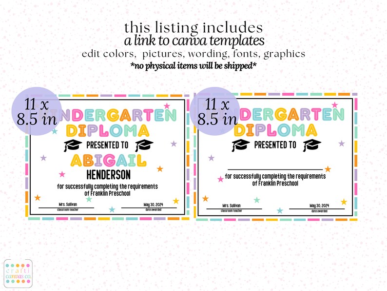 Kindergarten DIY Diploma Editable Canva Template, Customizable ...