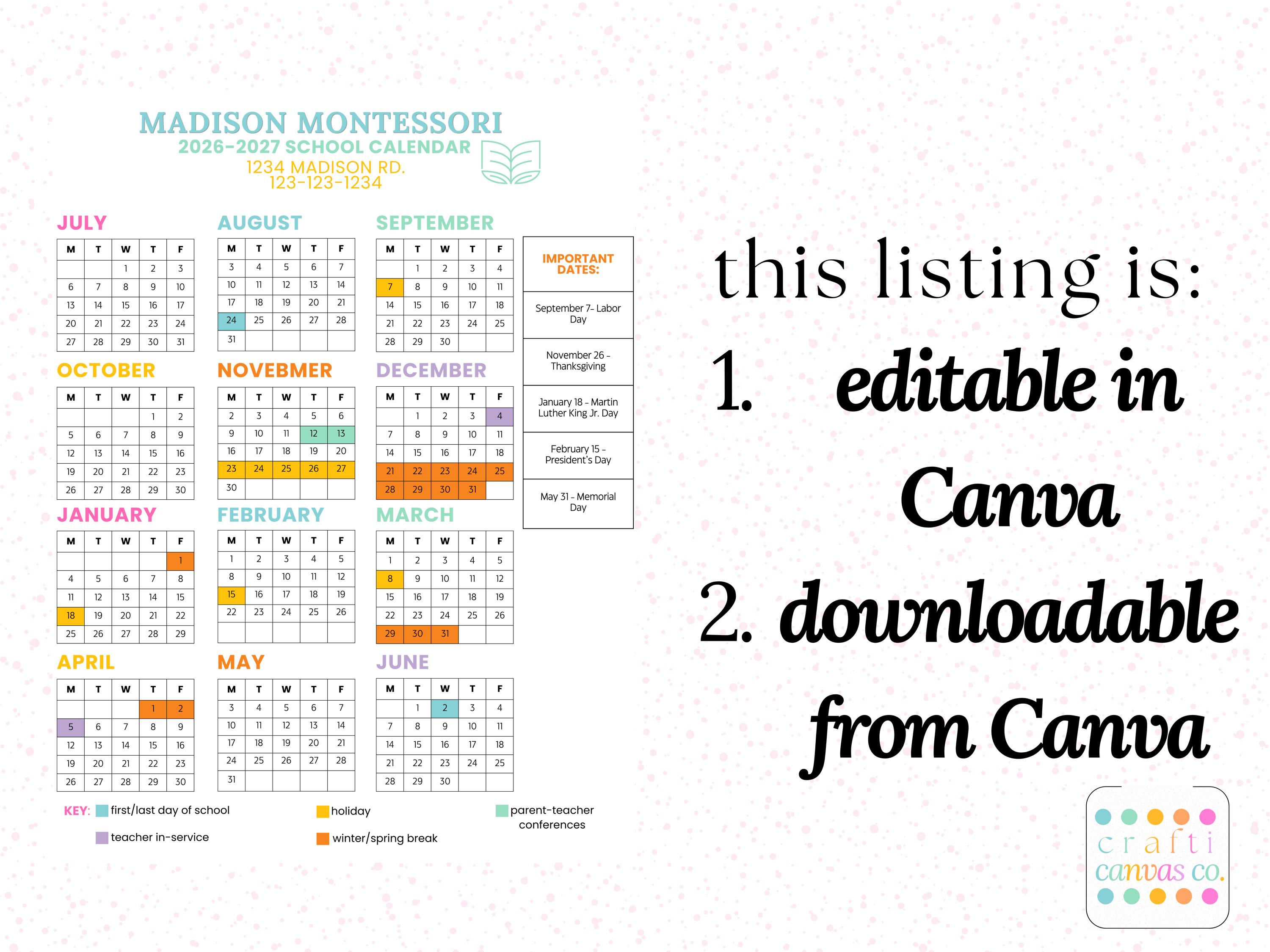 2026-2027 Editable School Calendar Template | Year at a Glance Schedule ...