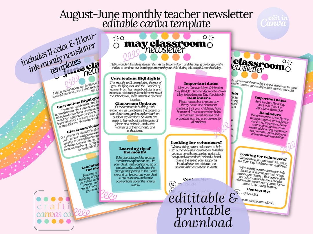 Customizable Year-long Monthly Teacher & Classroom Newsletters ...