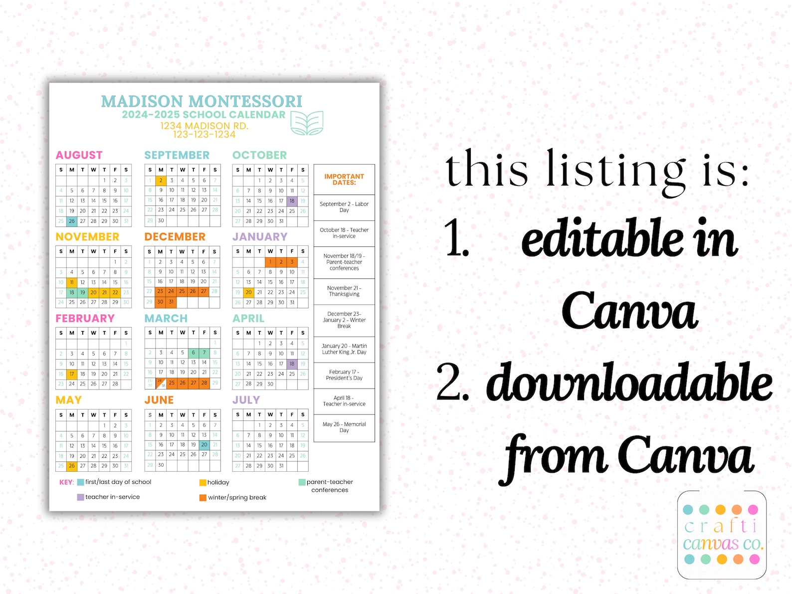 2024-2025 Editable School Calendar Template | Year at a Glance Schedule ...