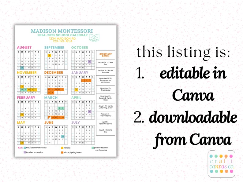 2024-2025 Editable School Calendar Template | Year at a Glance Schedule ...