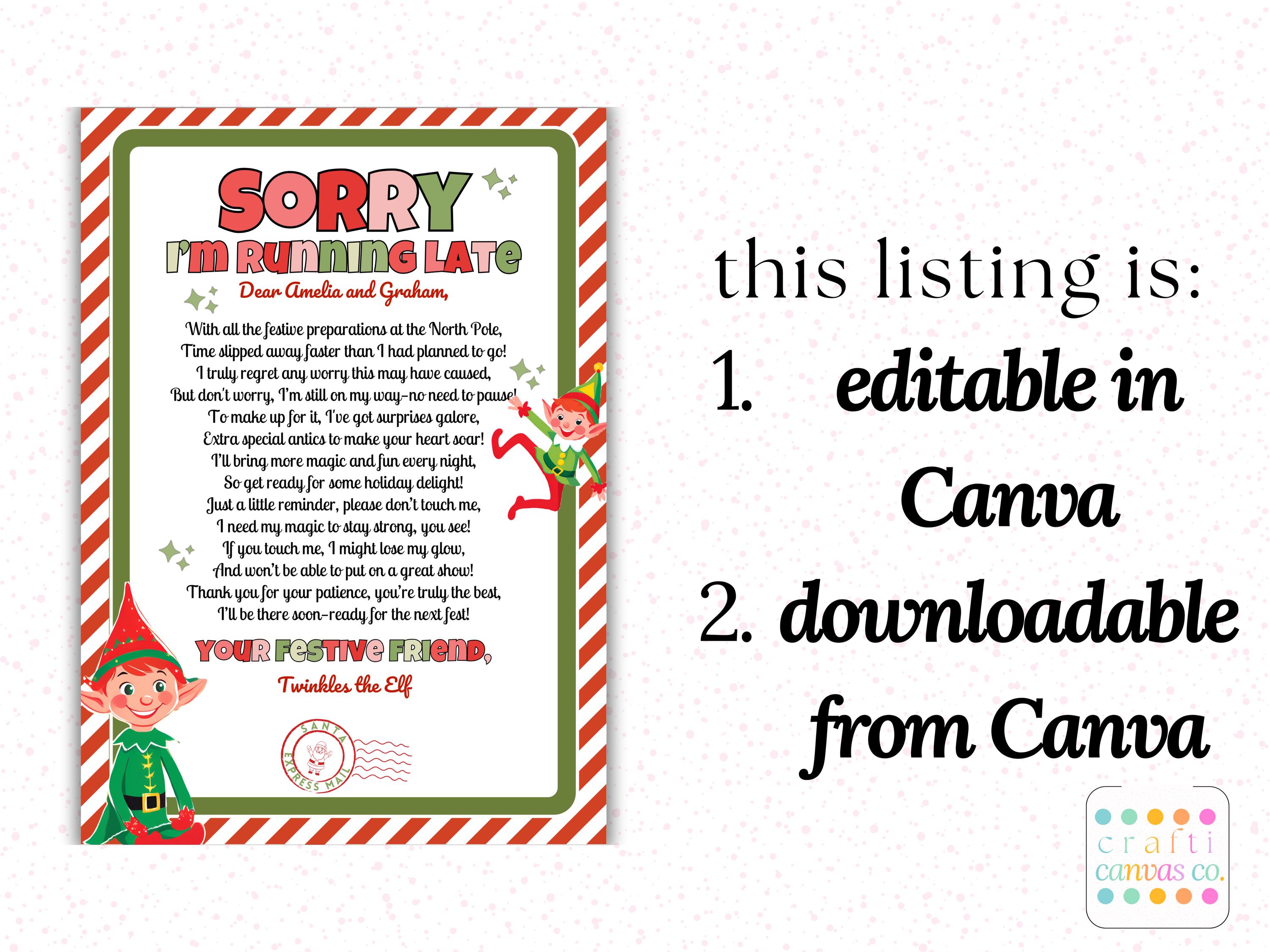 Elf Arrival Letter, Sorry I'm Running Late Editable Canva Letter for ...