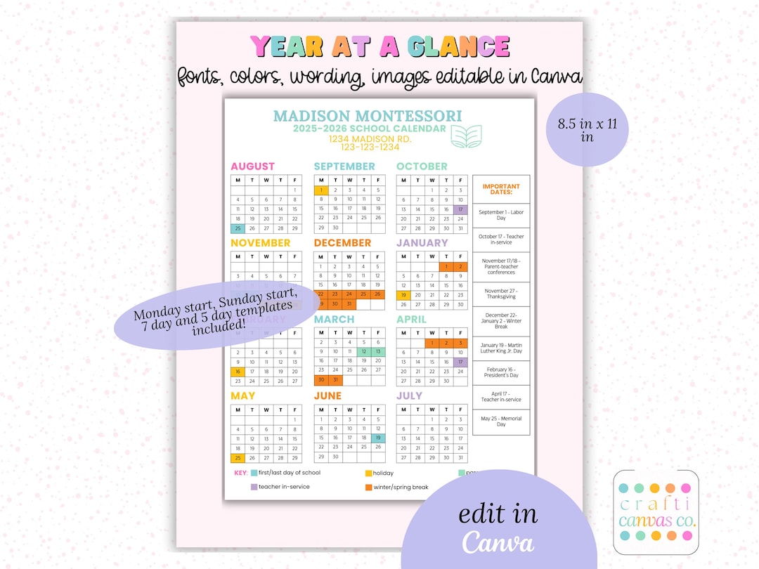 2025-2026 Editable School Calendar Template | Year at a Glance Schedule ...