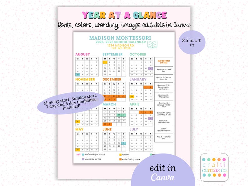 2025-2026 Editable School Calendar Template | Year at a Glance Schedule ...