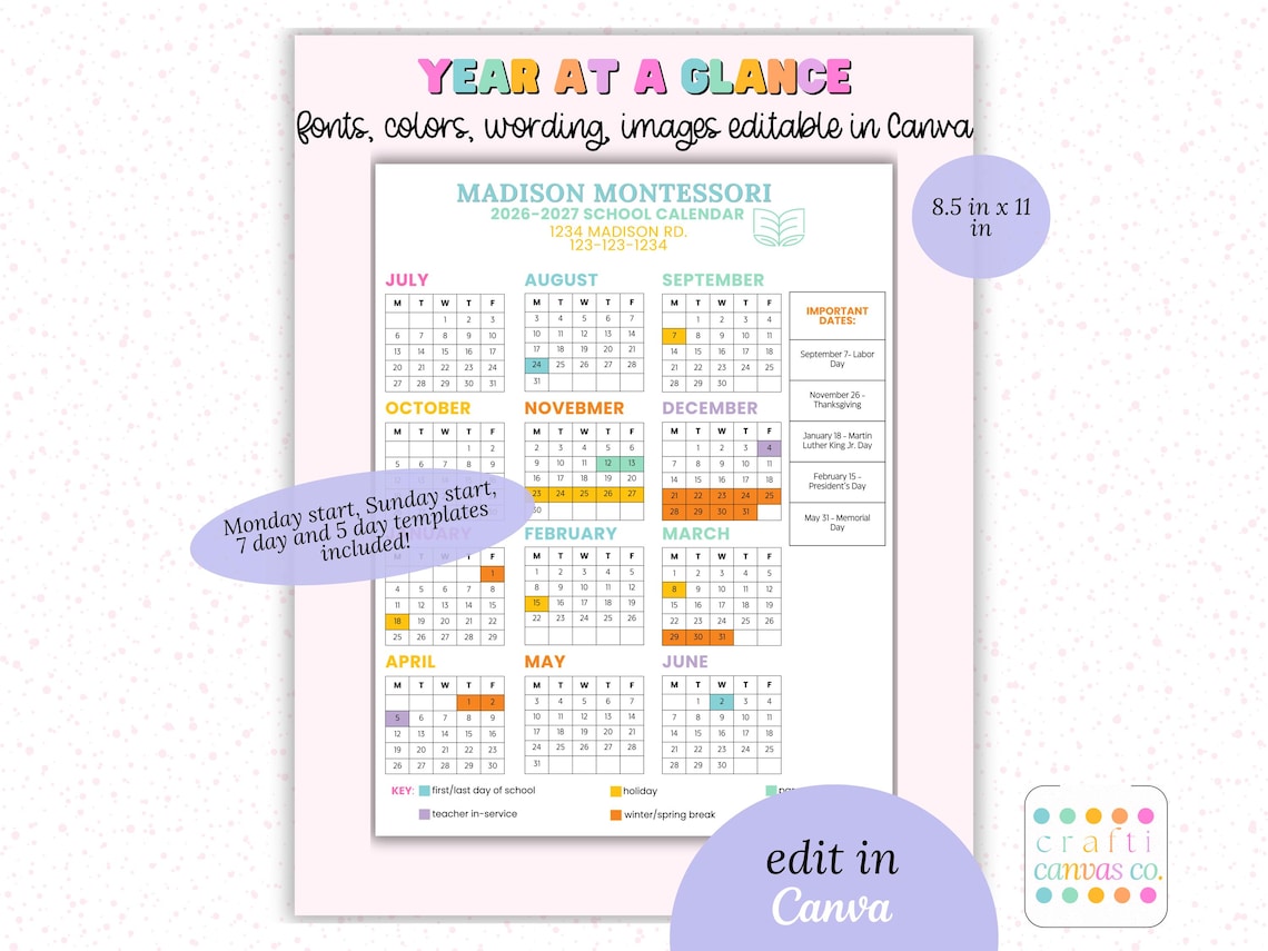 2026-2027 Editable School Calendar Template | Year at a Glance Schedule ...