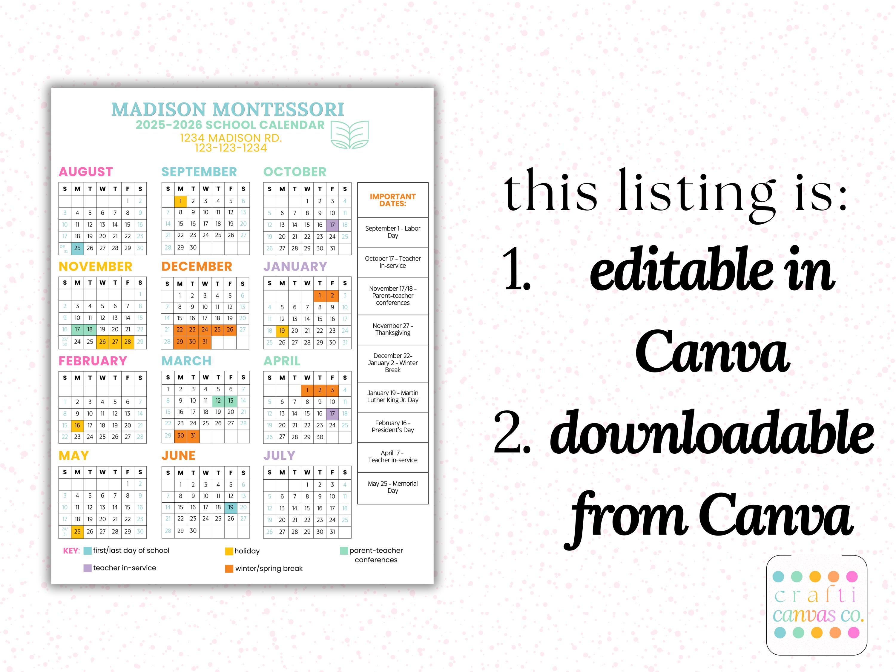 2025-2026 Editable School Calendar Template | Year at a Glance Schedule ...
