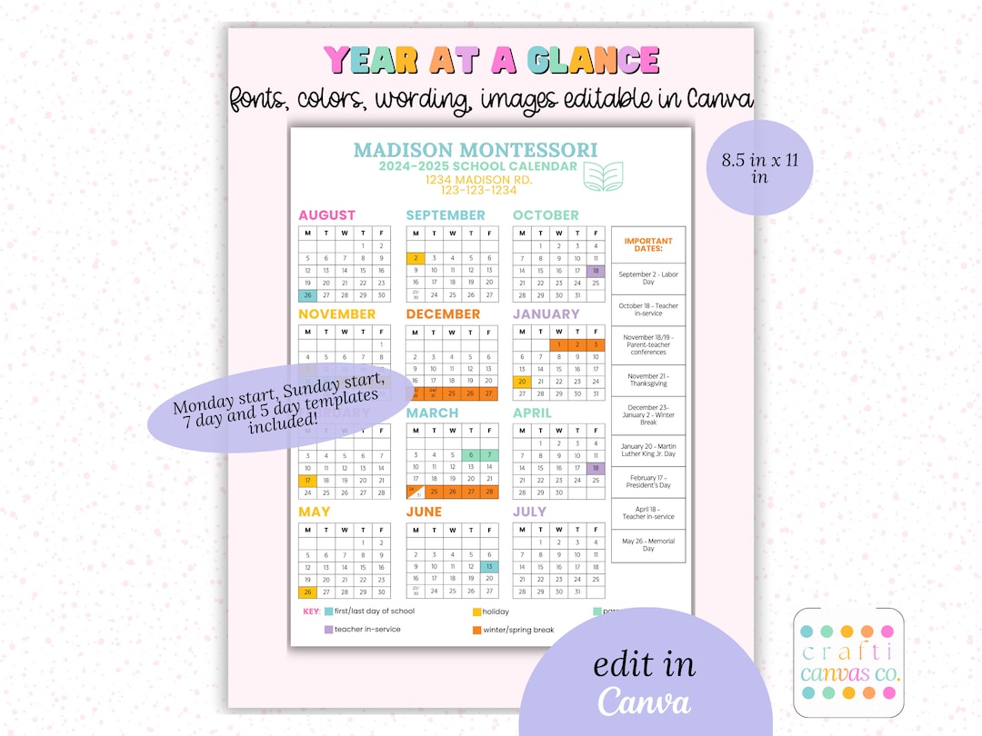 2024-2025 Editable School Calendar Template | Year at a Glance Schedule ...