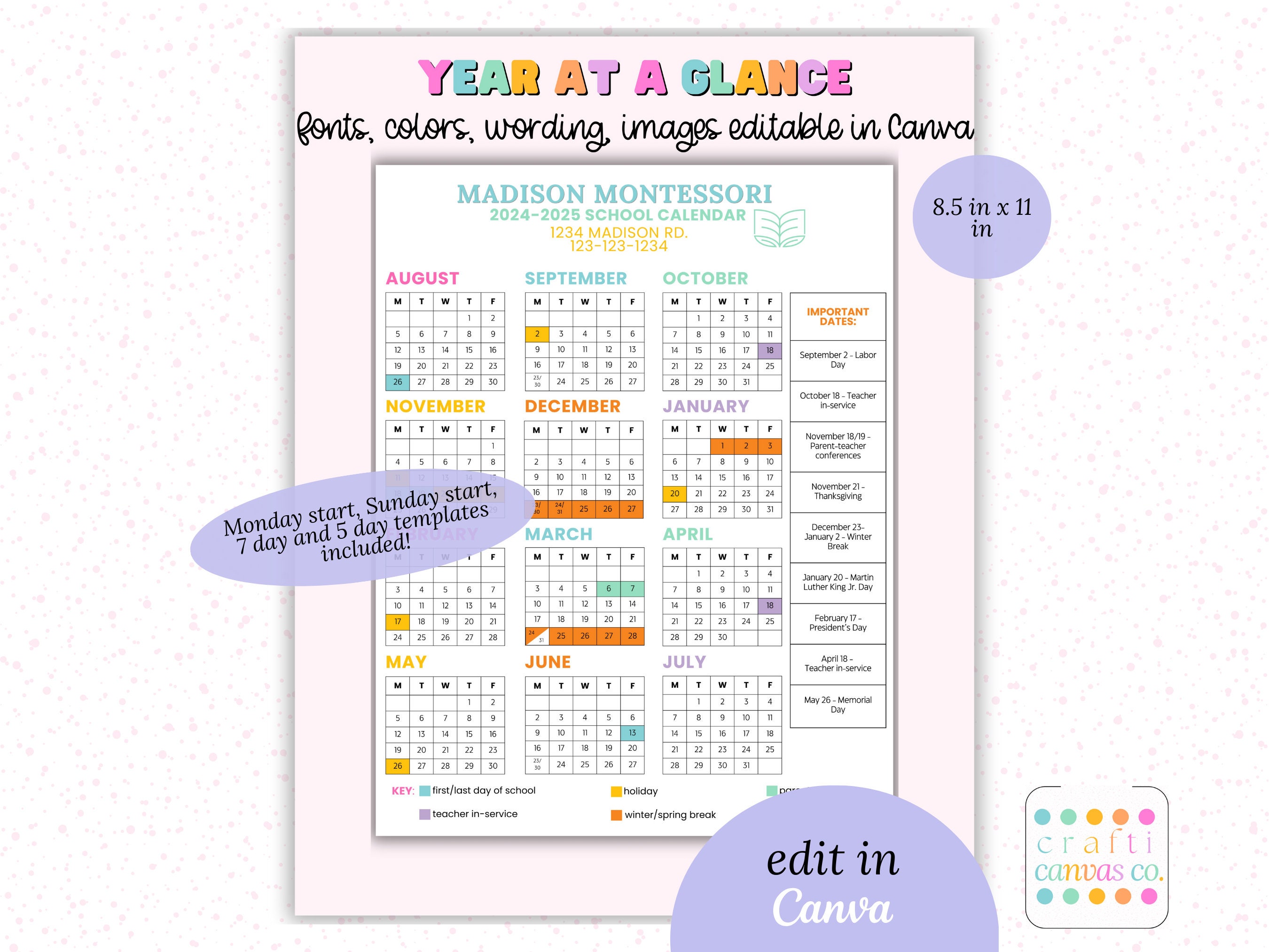 2024-2025 Editable School Calendar Template | Year at a Glance Schedule ...