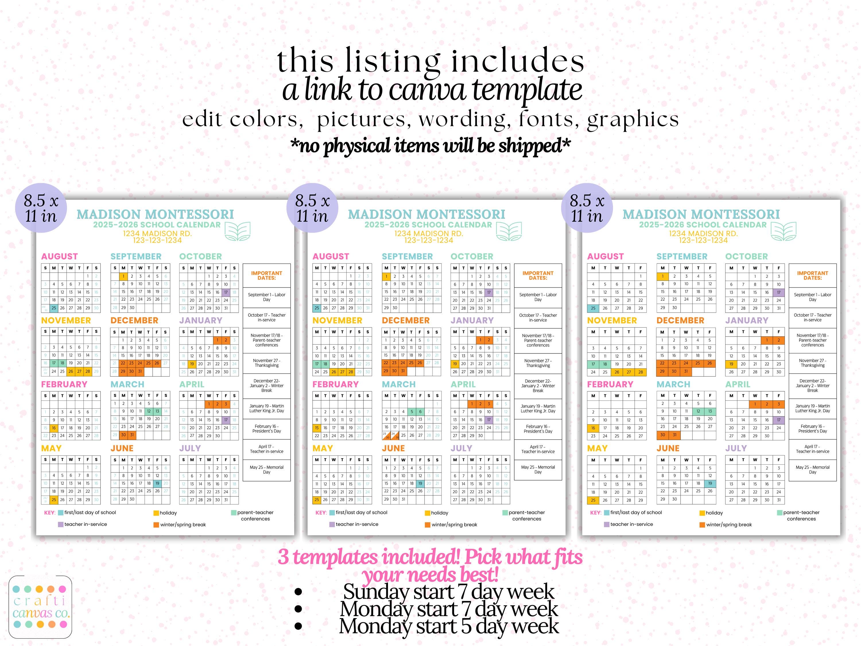 2025-2026 Editable School Calendar Template | Year at a Glance Schedule ...