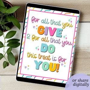 Teacher Appreciation 8x10 Printable Sign, Colorful Employee Treat Thank ...