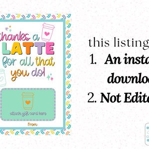 Thanks a Latte Appreciation Gift Card Holder Printable, Coffee Teacher ...