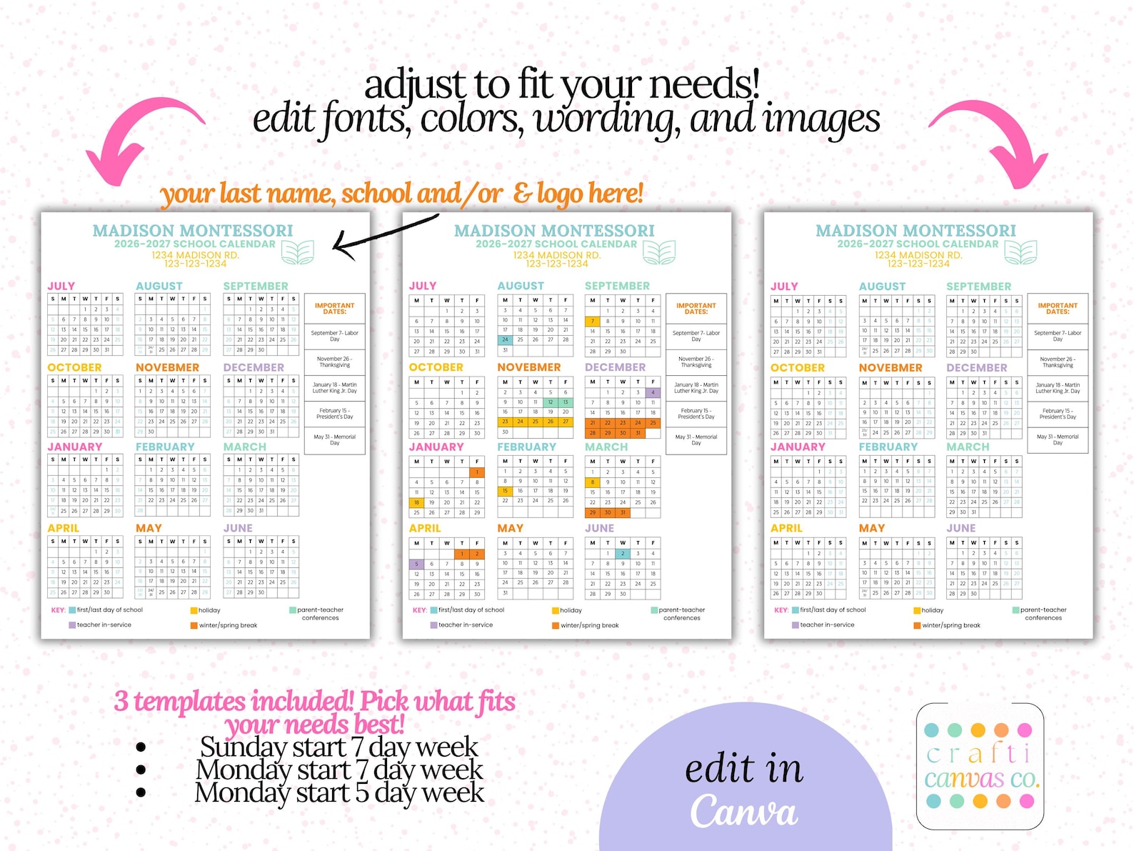 2026-2027 Editable School Calendar Template | Year at a Glance Schedule ...