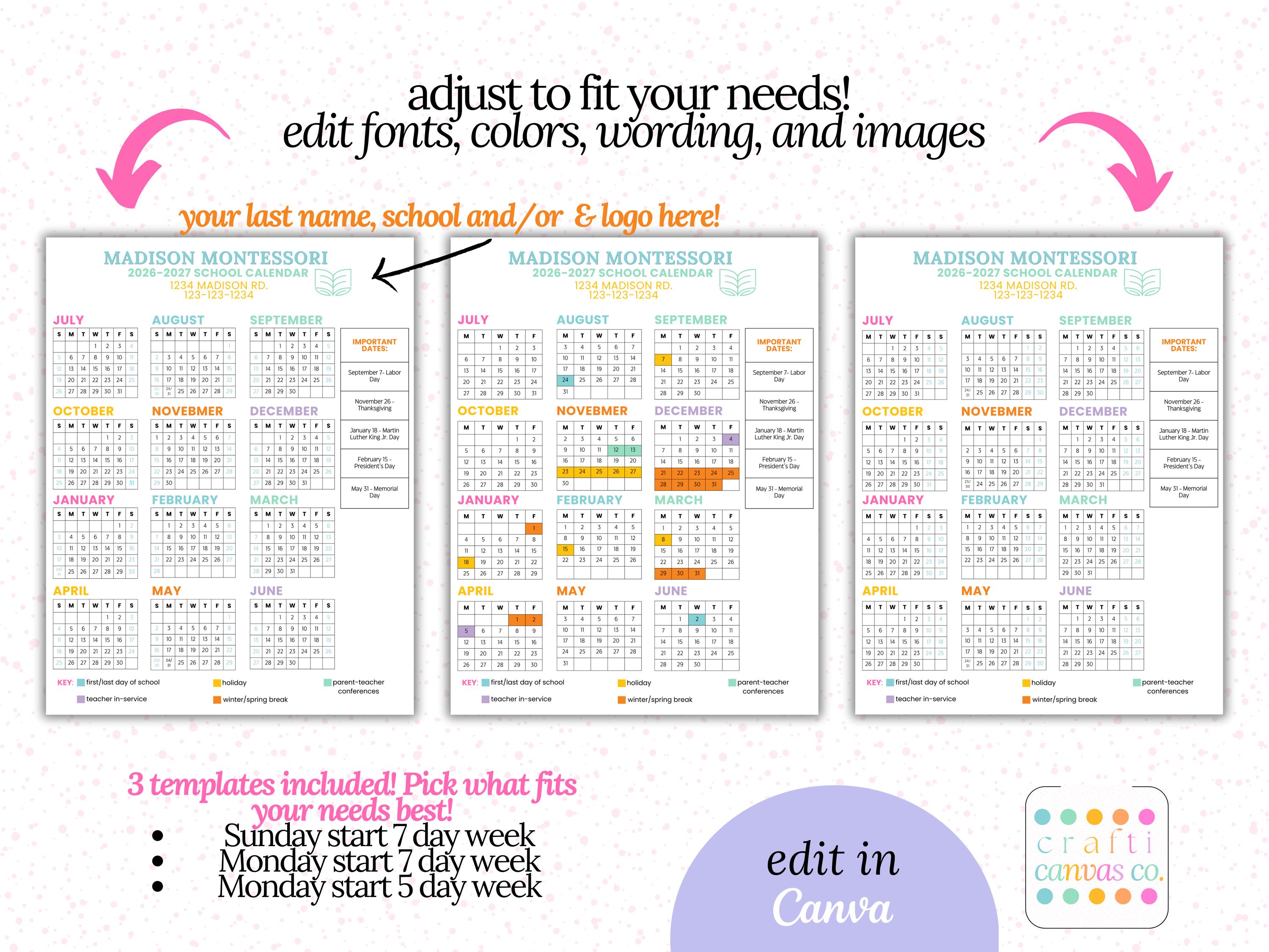 2026-2027 Editable School Calendar Template | Year at a Glance Schedule ...