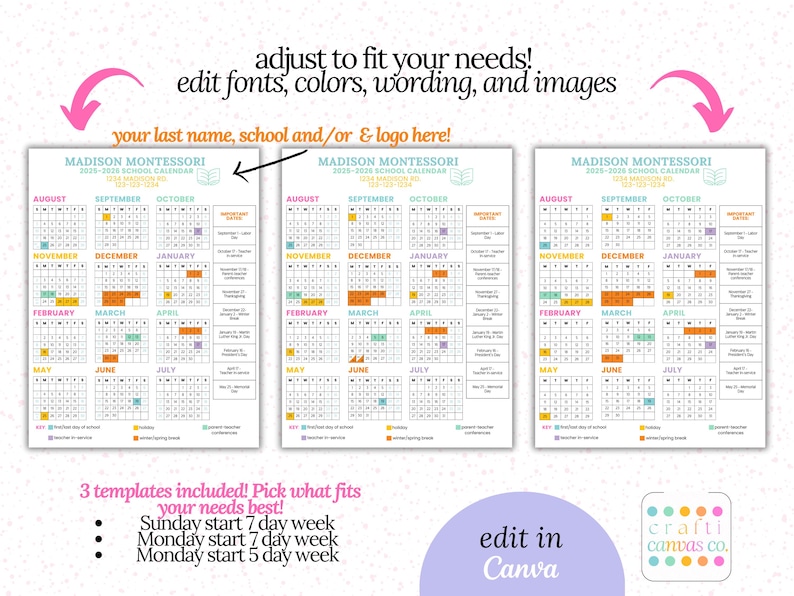 2025-2026 Editable School Calendar Template | Year at a Glance Schedule ...