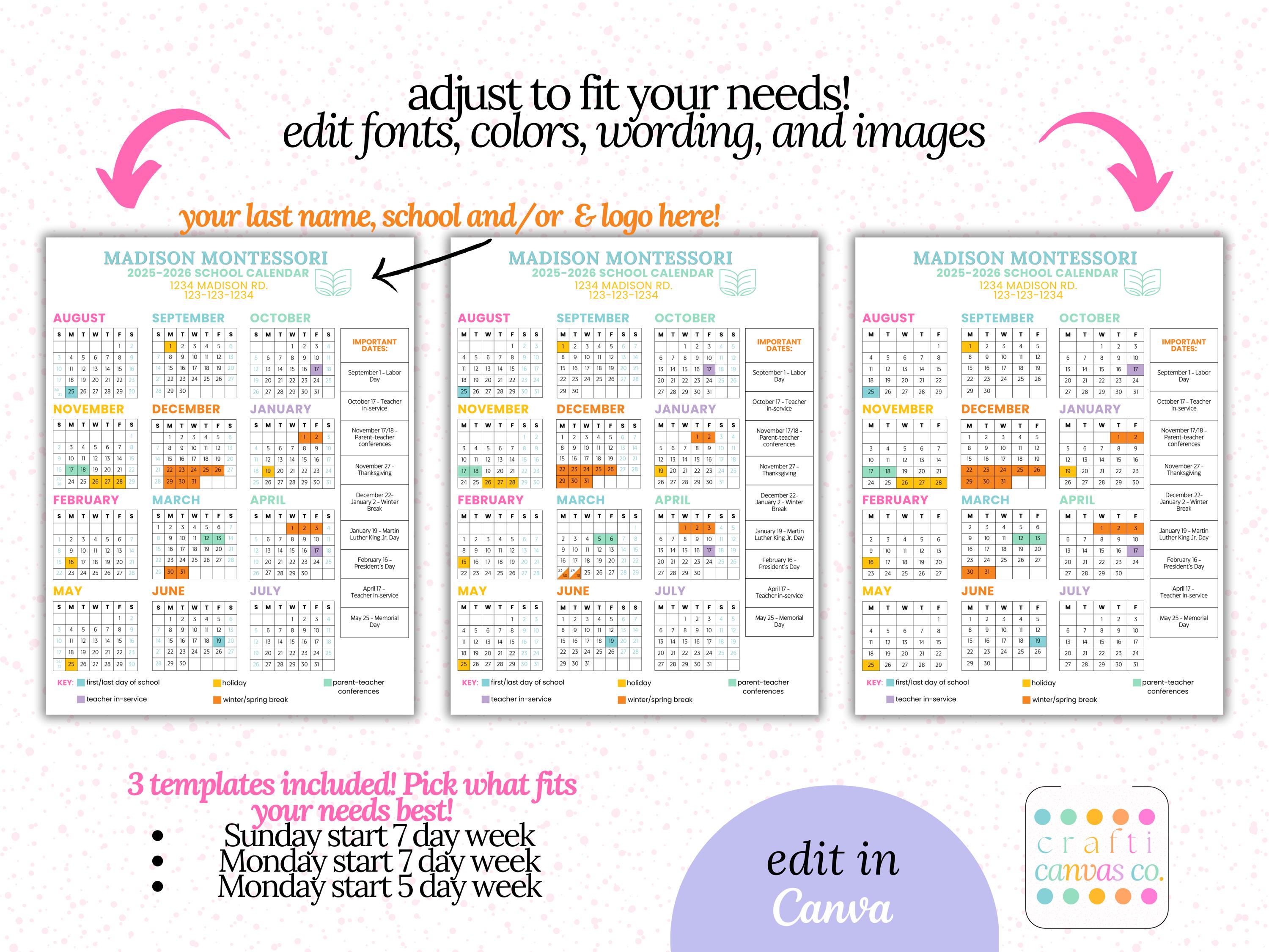 2025-2026 Editable School Calendar Template | Year at a Glance Schedule ...