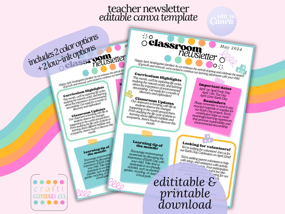 Colorful Classroom Newsletter Editable Template, Monthly Classroom ...