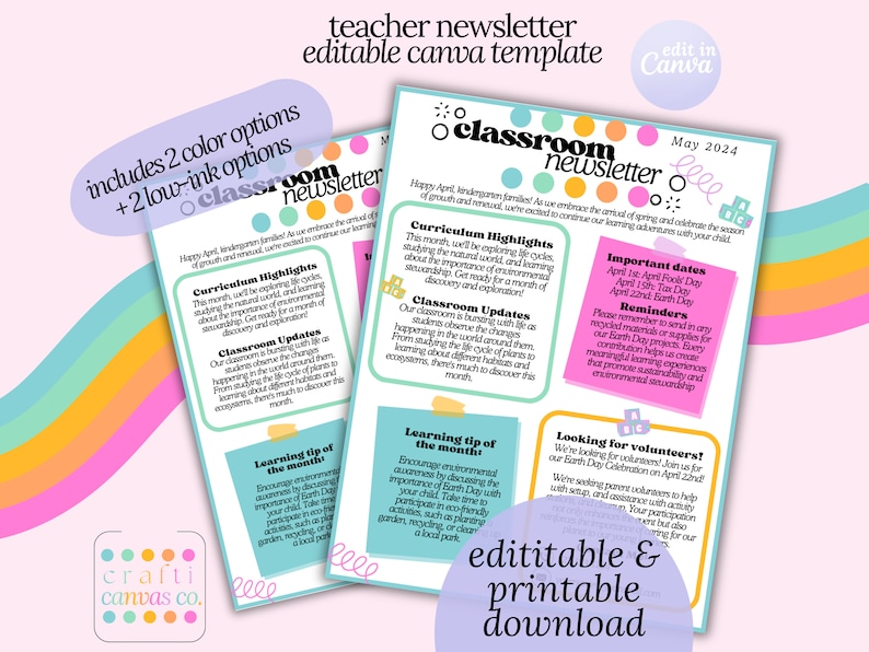 Colorful Classroom Newsletter Editable Template, Monthly Classroom ...