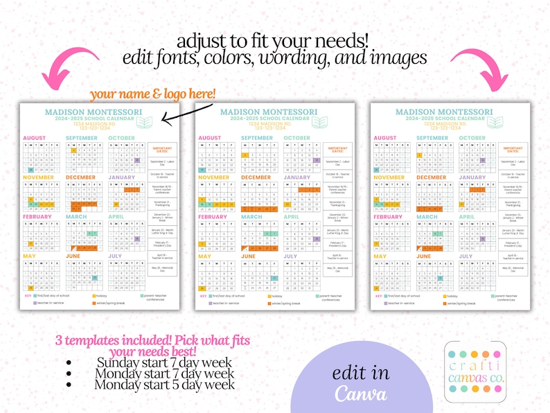 2024-2025 Editable School Calendar Template | Year at a Glance Schedule ...