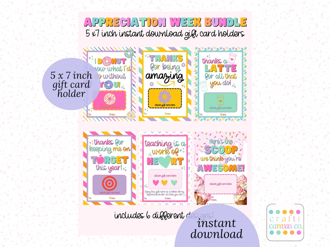 Appreciation Gift Card Holder Bundle Printable, Teacher Gift, Employee ...