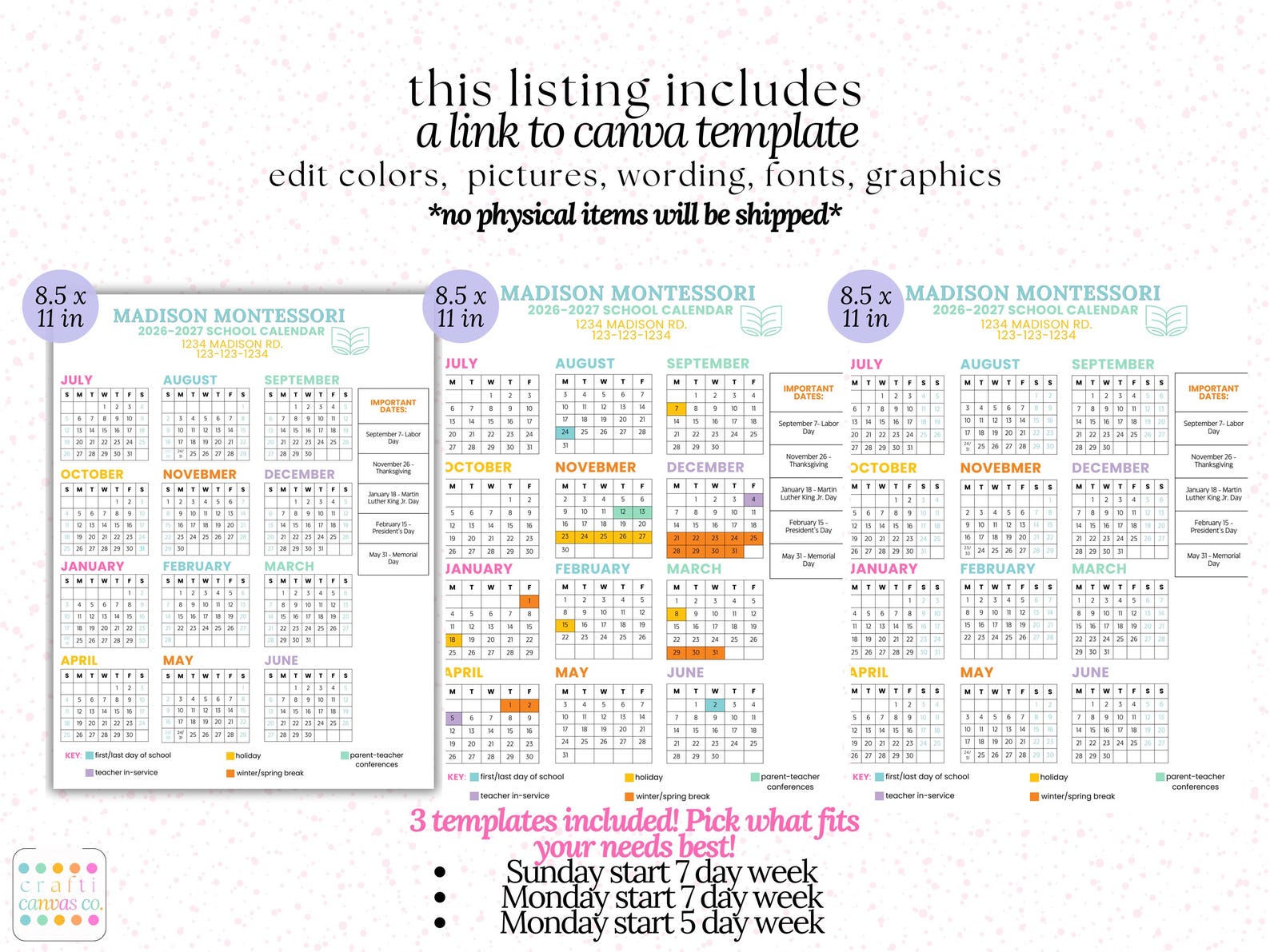 2026-2027 Editable School Calendar Template | Year at a Glance Schedule ...