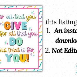 Teacher Appreciation 8x10 Printable Sign, Colorful Employee Treat Thank ...