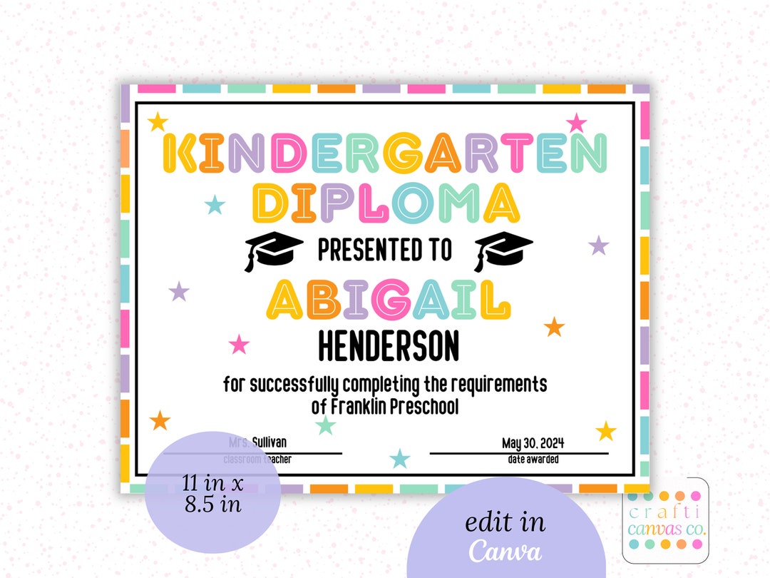 Kindergarten DIY Diploma Editable Canva Template, Customizable ...
