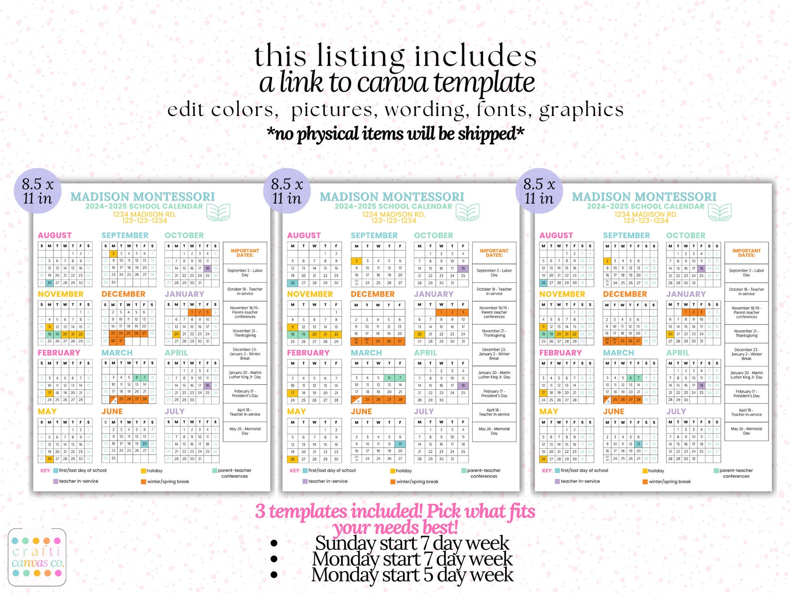 2024-2025 Editable School Calendar Template | Year at a Glance Schedule ...