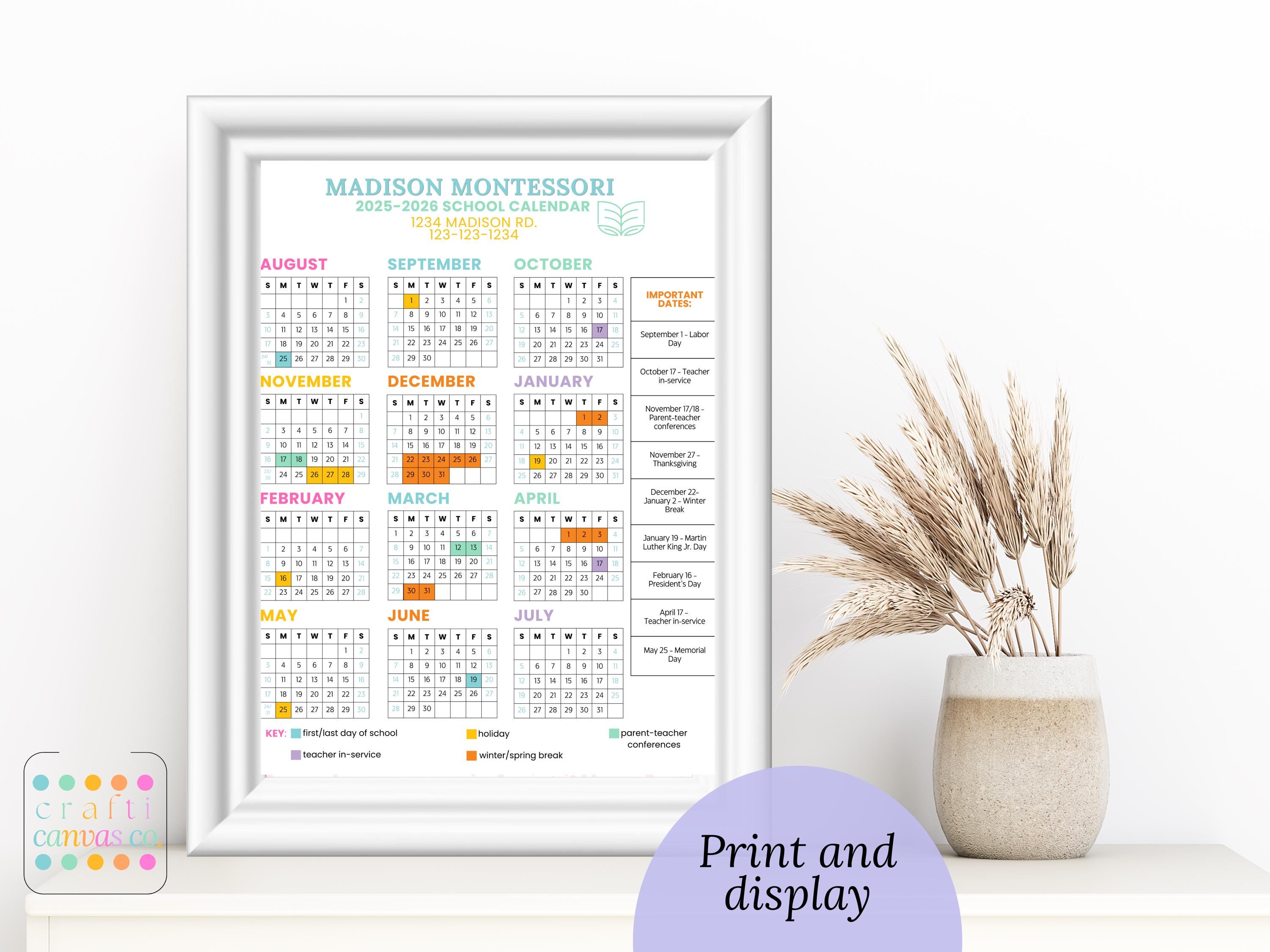 2025-2026 Editable School Calendar Template | Year at a Glance Schedule ...