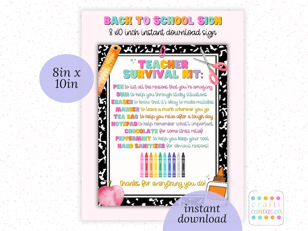 Teacher Survival Kit Sign, Back to School 8x10 Print, Composition Book ...