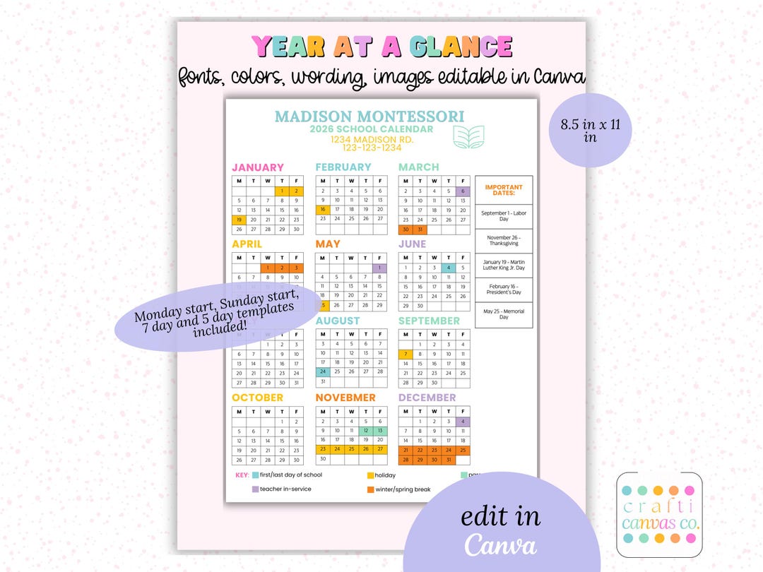 2026 Editable Year at a Glance | School Calendar Template | Schedule ...