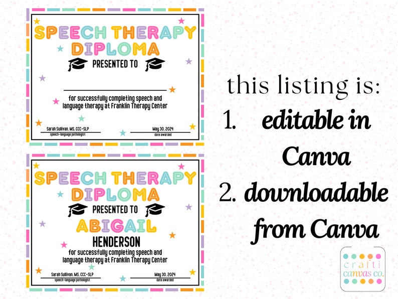 Speech Therapy Student DIY Diploma Editable Canva Template ...