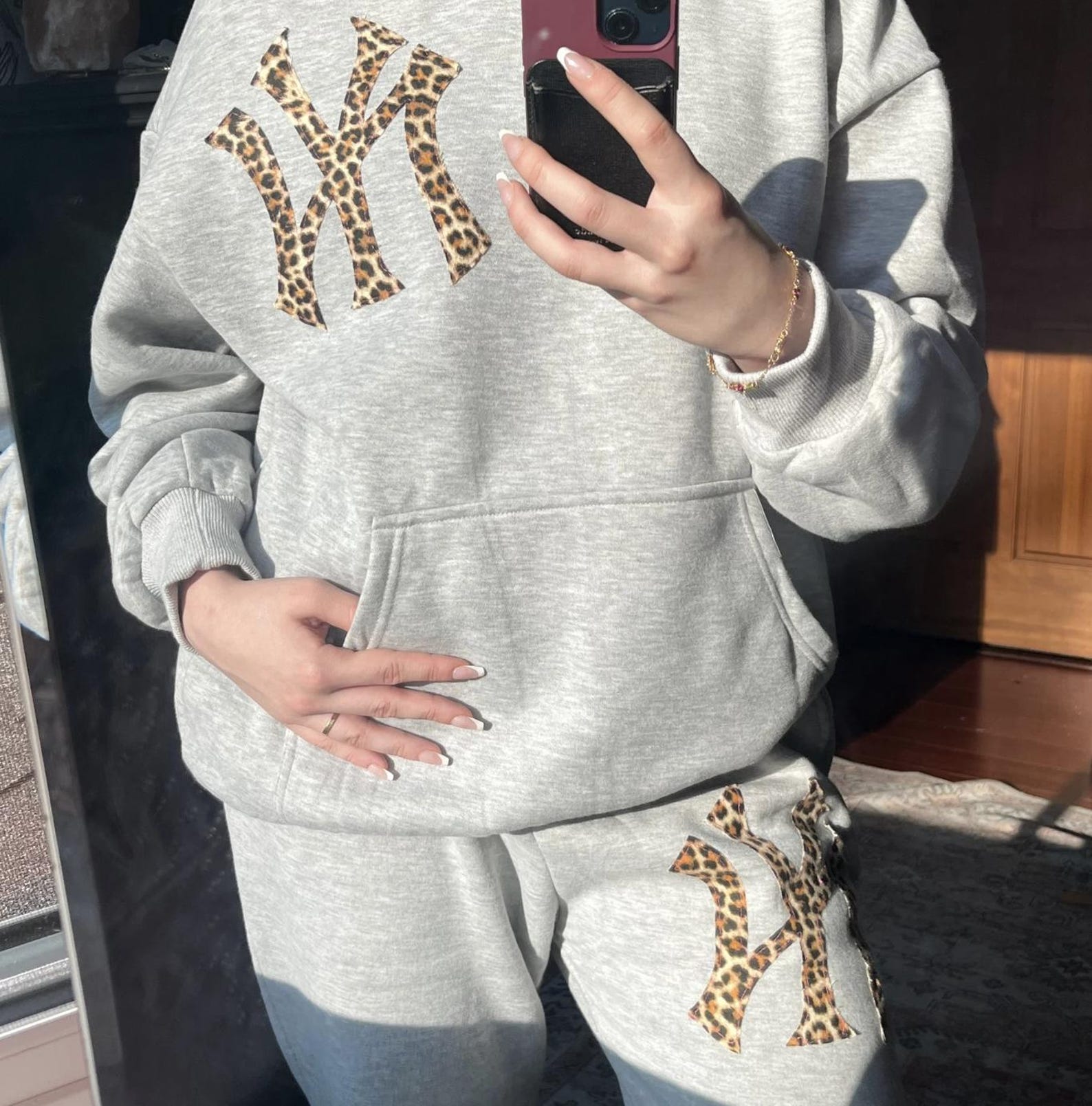 New York Leopard Print Patchwork Sweatshirt and Sweatpant Set ...