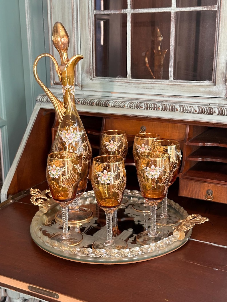 Murano Glass Decanter Set With Six Wine Glasses 24K Gold Leaf With Tray ...