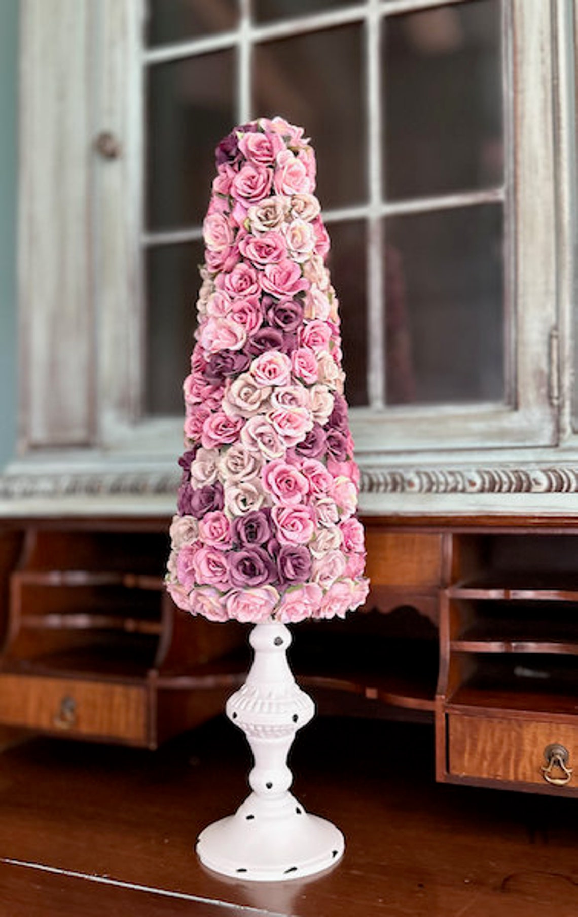 Pink, Mauve & Purple Silk Rose Topiary on a Distressed Candlestick ...