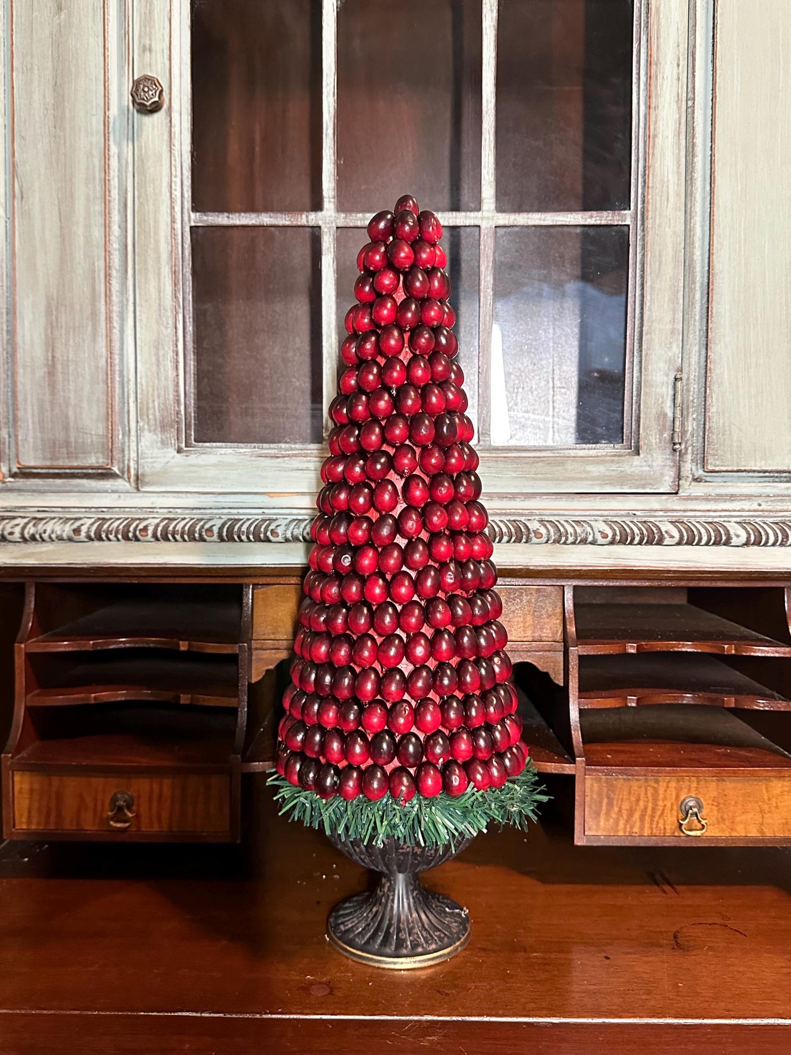 Unique Faux Cranberry Holiday Topiary in a Gray Distressed Pedestal ...