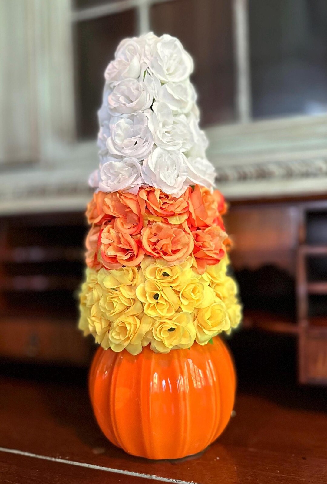 Candy Corn Halloween Silk Rose Topiary in a Pumpkin Vase - Etsy