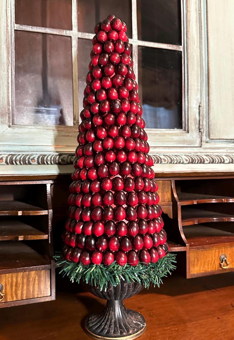 Unique Faux Cranberry Holiday Topiary in a Gray Distressed Pedestal ...