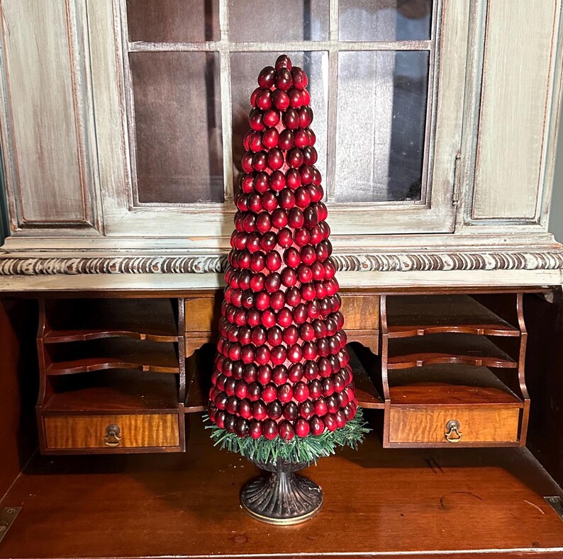 Unique Faux Cranberry Holiday Topiary in a Gray Distressed Pedestal ...