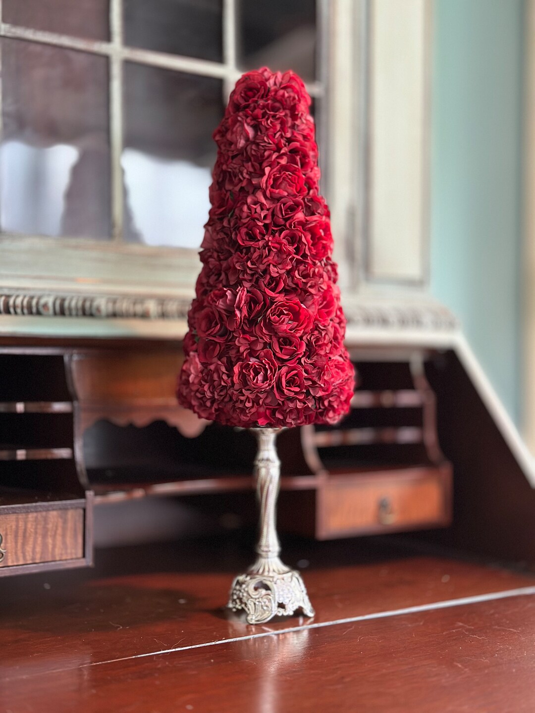 Beautiful Red Silk Floral Topiary Tree Silver Plated Candlestick - Etsy