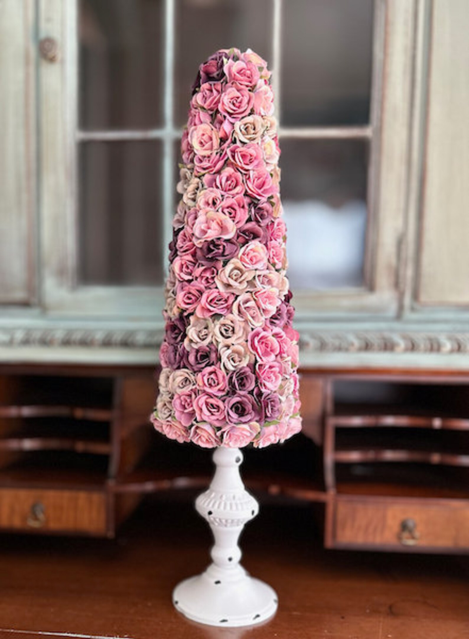 Pink, Mauve & Purple Silk Rose Topiary on a Distressed Candlestick ...